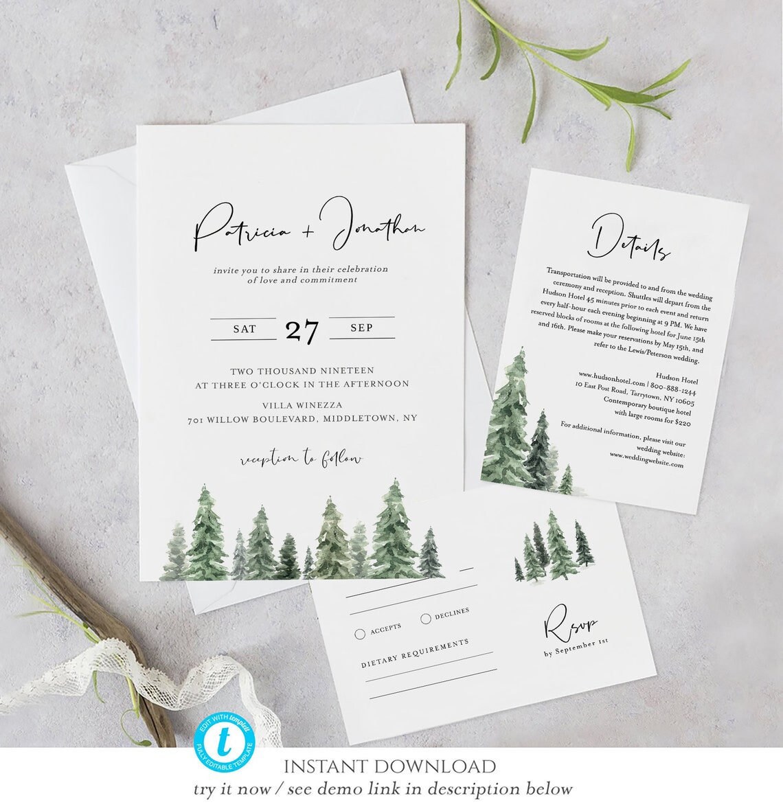 Pine Tree Wedding Invitation Set Forest Wedding Invitation - Etsy