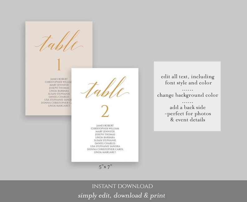 5x7 Wedding Seating Chart Gold Template Calligraphy Table - Etsy