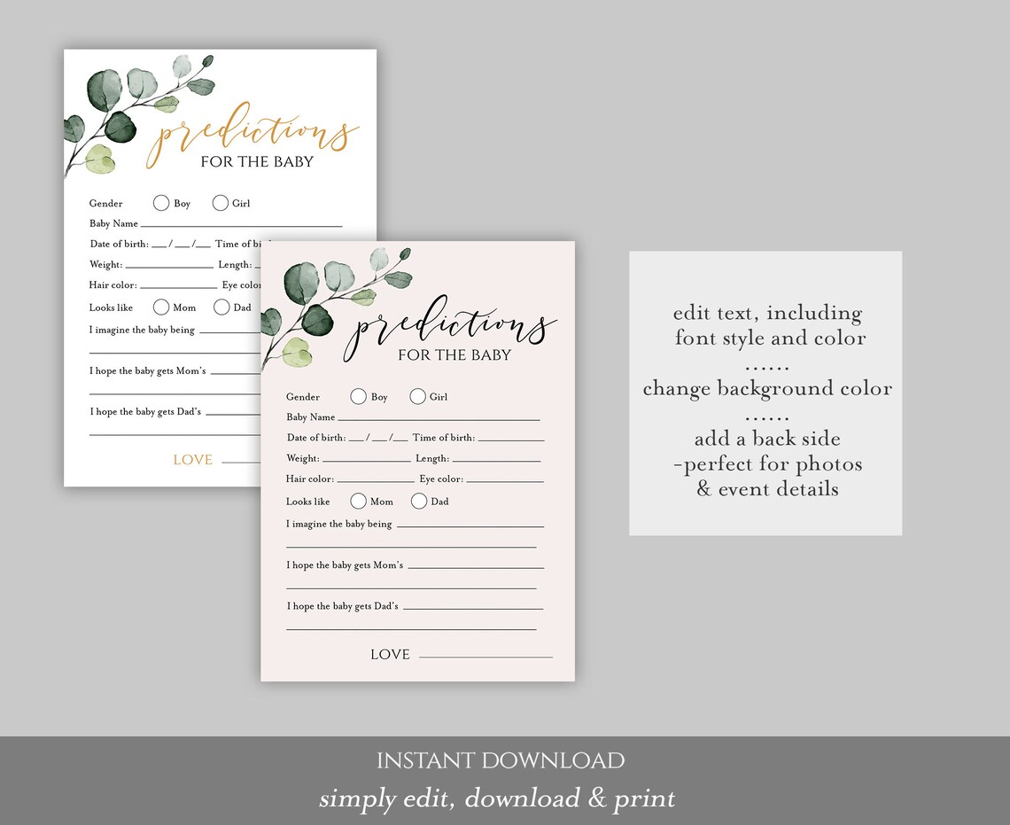 Baby Prediction Cards Editable Baby Predictions Template - Etsy