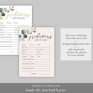 Baby Prediction Cards, Editable Baby Predictions Template, Greenery ...