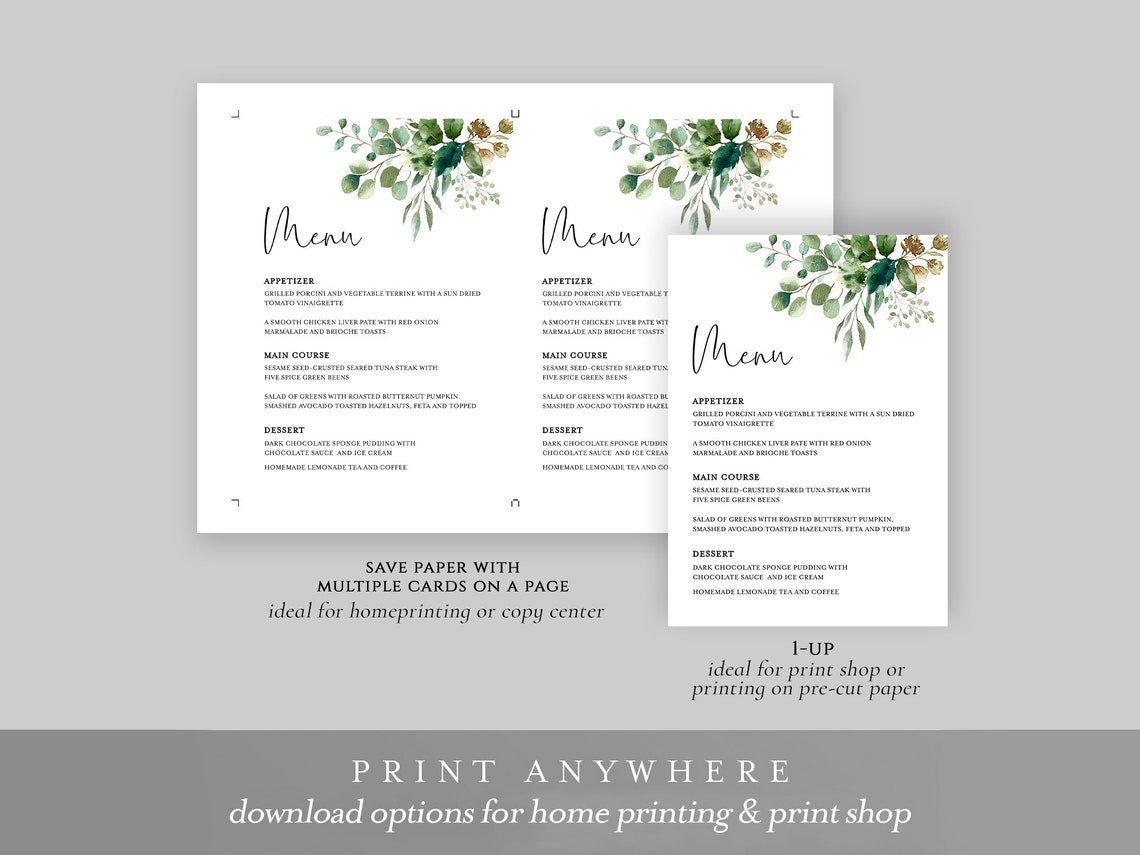 Greenery Menu Template Wedding Menu Cards Editable Menu - Etsy