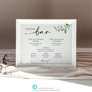 Greenery Bar Sign Template, Editable Wedding Drinks Menu Sign Template ...