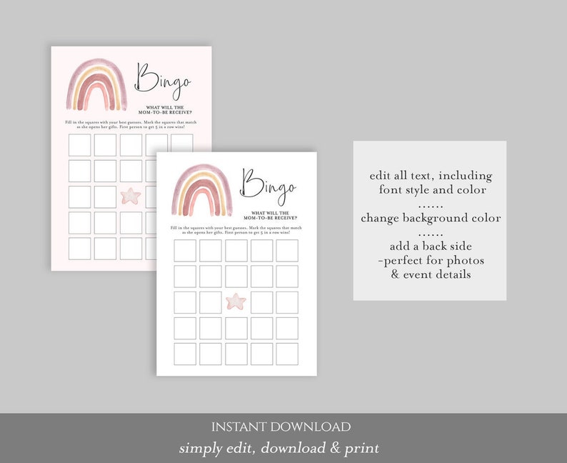 Rainbow Baby Shower Bingo Game, Rainbow Baby Shower Bingo, Rainbow Boho ...