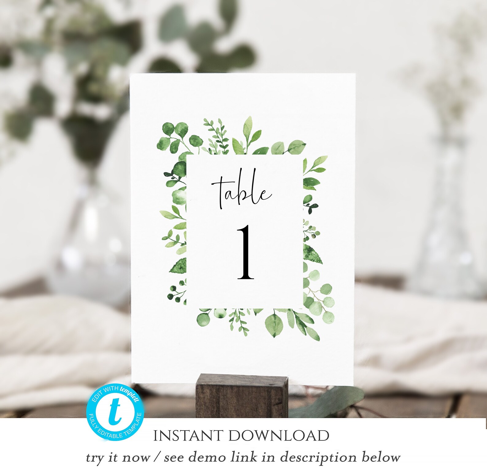 Greenery Table Number Card, Wedding Table Number, Printable Table ...