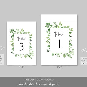 Greenery Table Number Card, Wedding Table Number, Printable Table ...