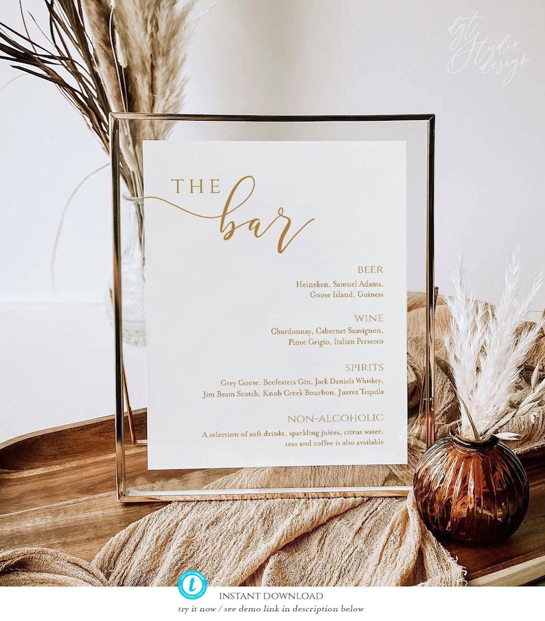 Gold Bar Menu Sign Template Gold Wedding Bar Menu Sign - Etsy