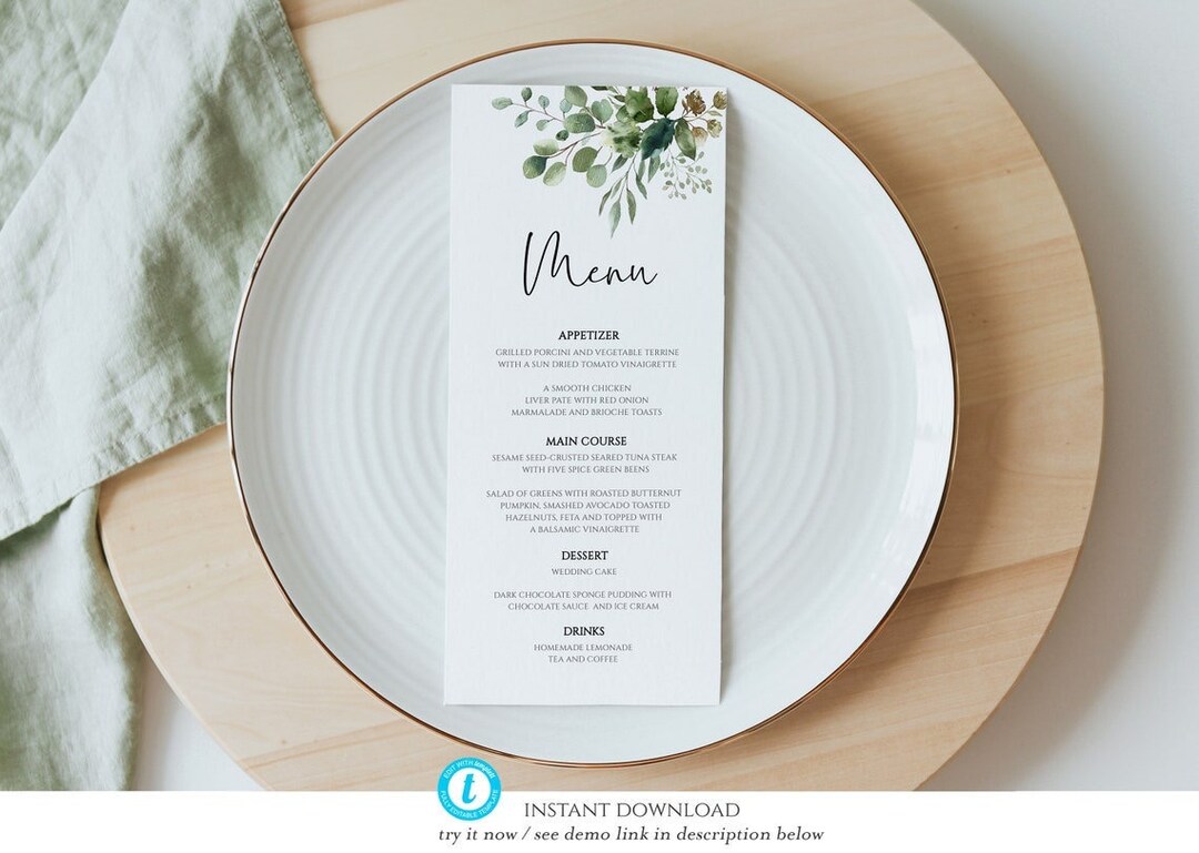 Greenery Menu Template, Wedding Menu Cards, Editable Menu Eucalyptus ...