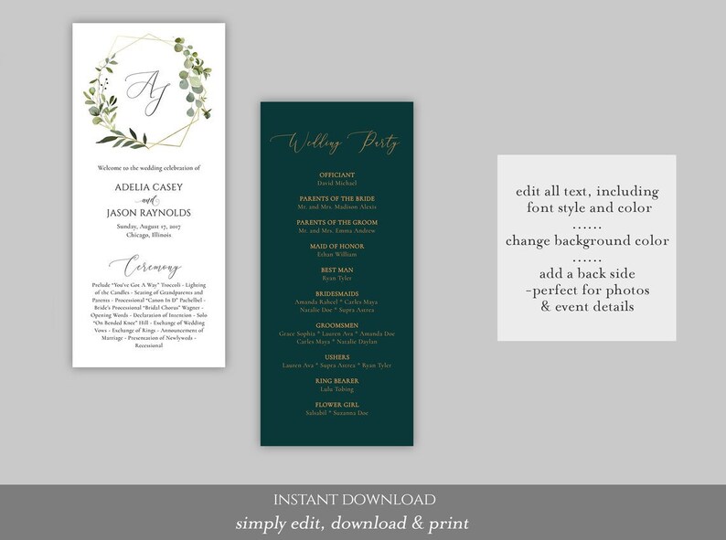 Wedding Program Greenery Template Printable Program Greenery - Etsy