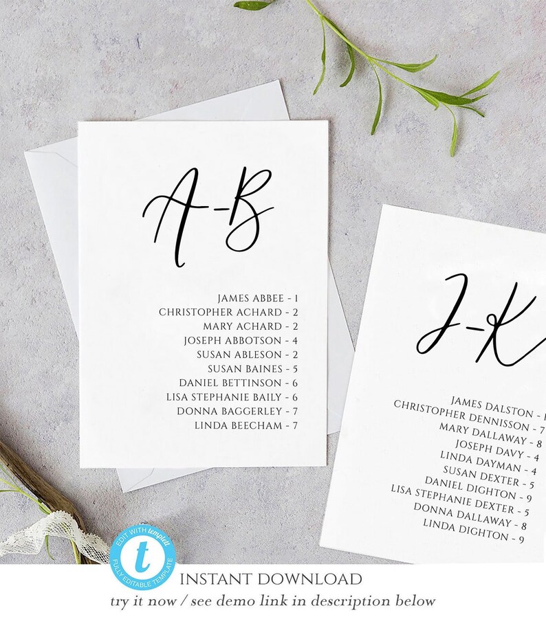 5x7 Alphabetical Seating Chart Template Table Seating Chart - Etsy