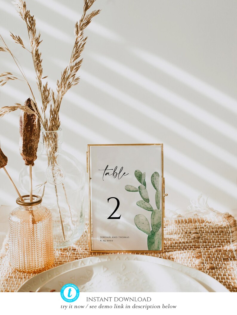 Cactus Table Number Card, Bohemian Table Number, Printable Table ...