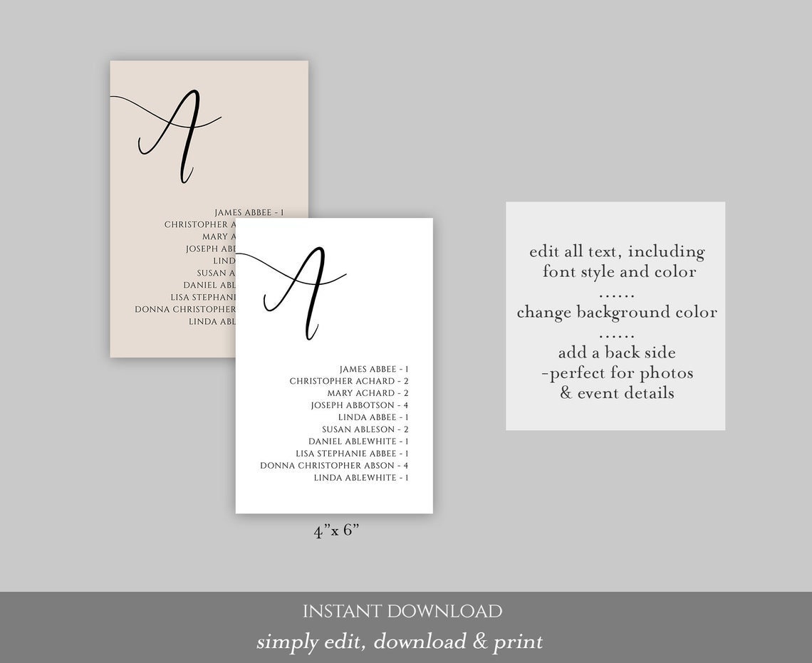 4x6 Alphabetical Seating Chart Template Table Seating Chart - Etsy