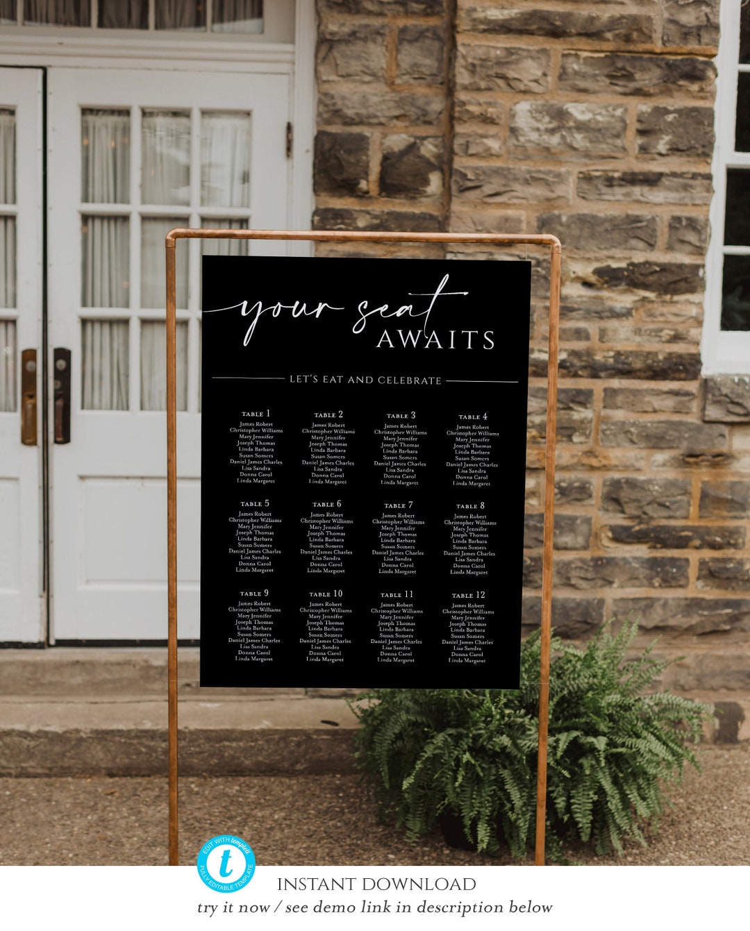 Black Seating Chart Template, Table Arrangement, Wedding Seating Chart ...
