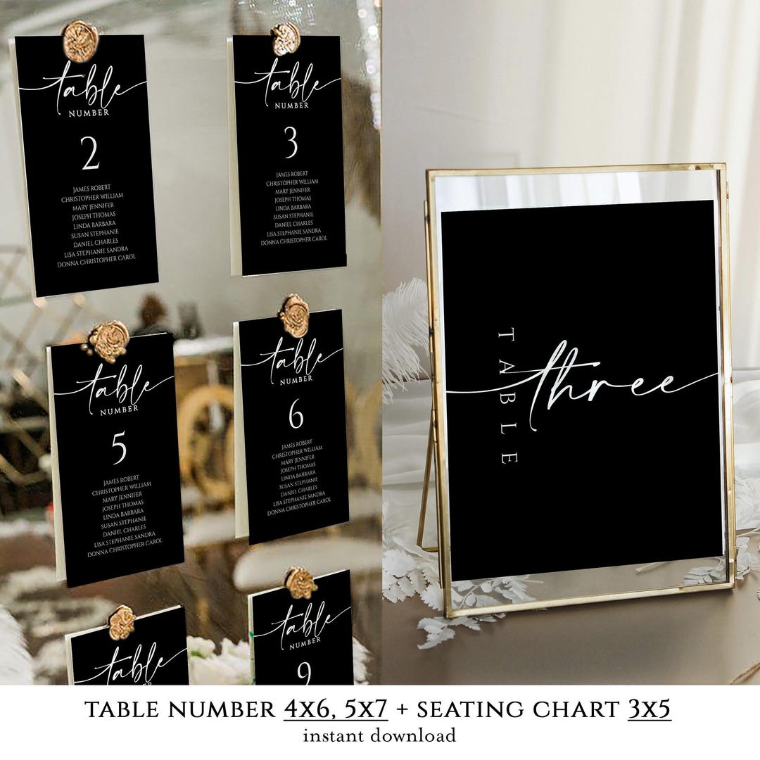 3x5 Seating Chart Black Template, 4x6 Table Number Black, Seating Chart ...