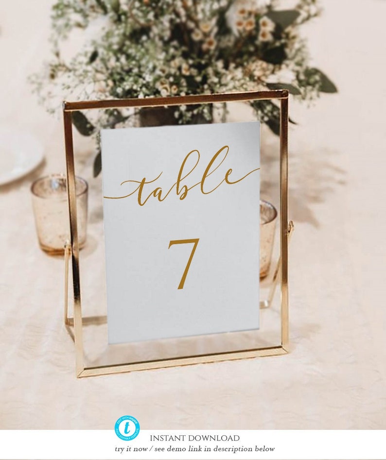 Gold Table Numbers Card Calligraphy, Wedding Table Number Elegant ...