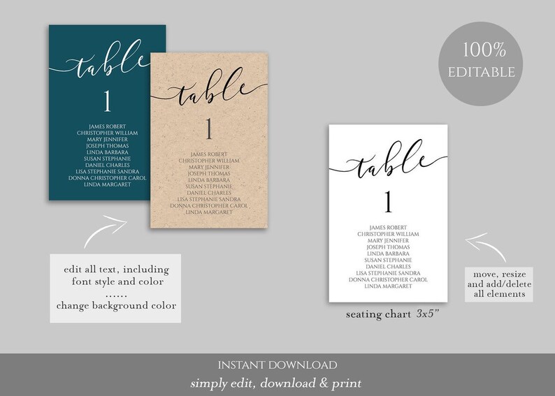 3x5 Wedding Seating Chart Template Calligraphy, Table Seating Chart ...