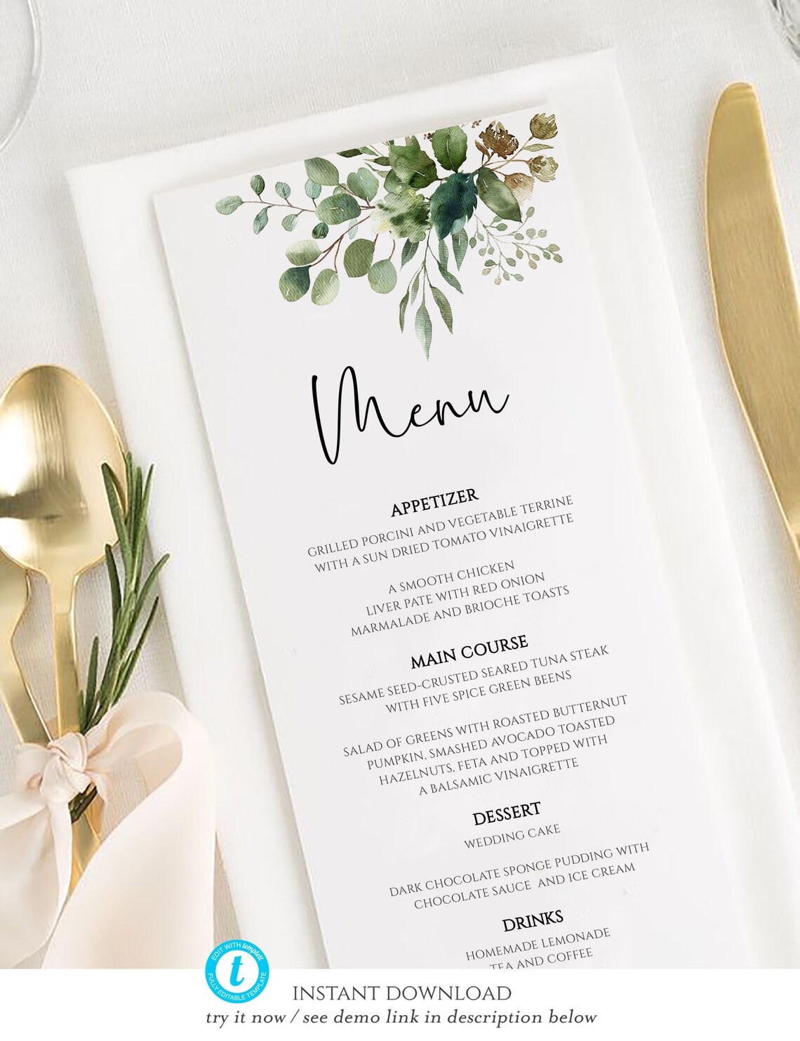 Greenery Menu Template Wedding Menu Cards Editable Menu - Etsy