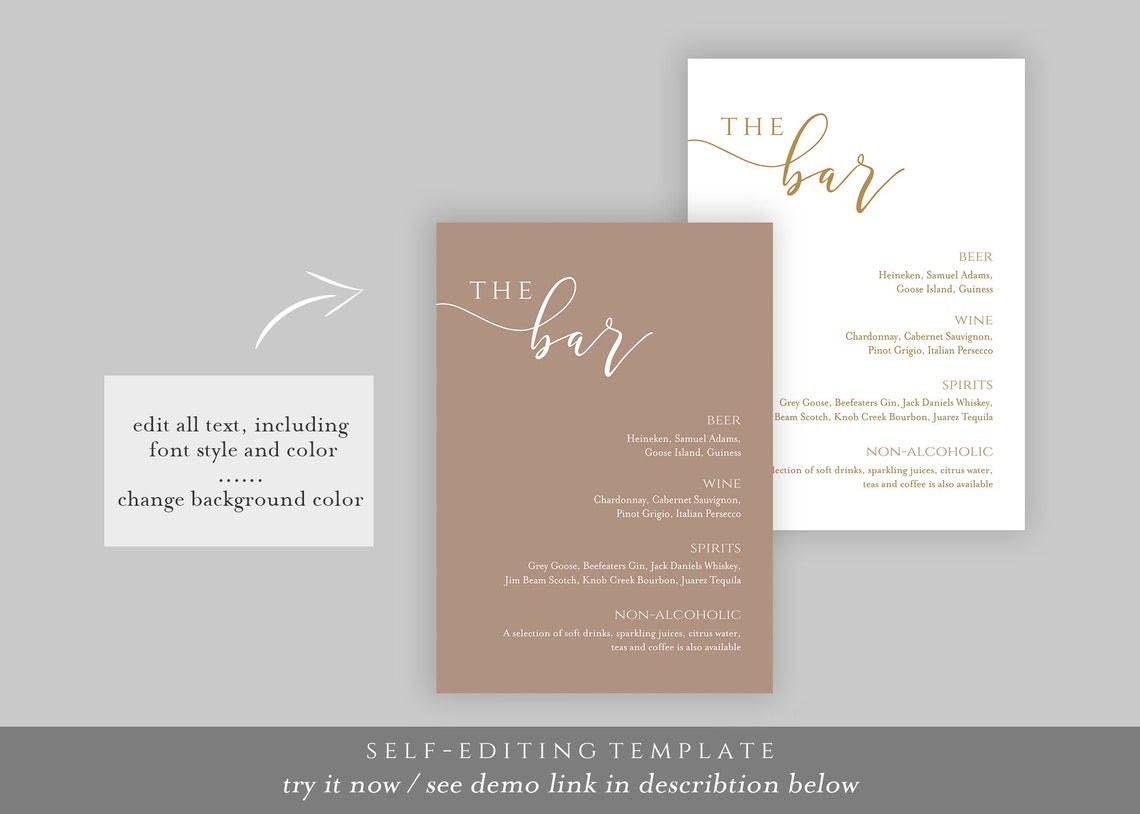 Gold Bar Menu Sign Template Gold Wedding Bar Menu Sign | Etsy