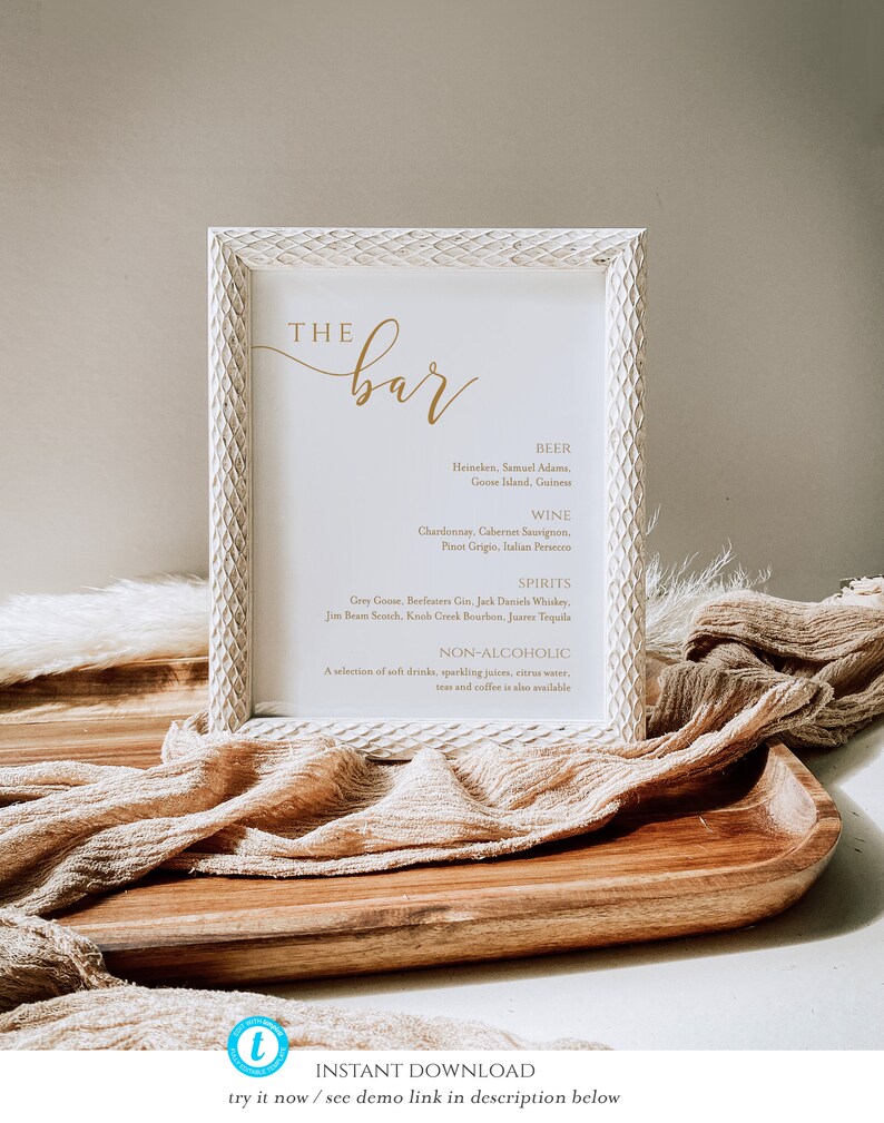 Gold Bar Menu Sign Template, Gold Wedding Bar Menu Sign Template ...