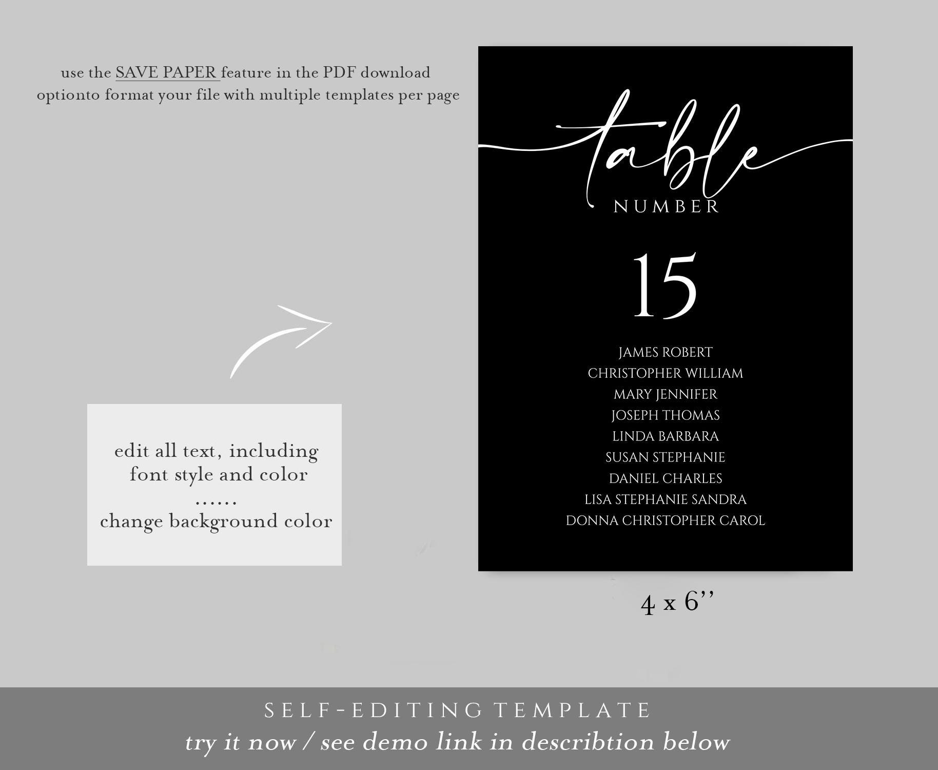 4x6 Seating Chart Black Template, 4x6 Table Number Black, Seating Chart ...
