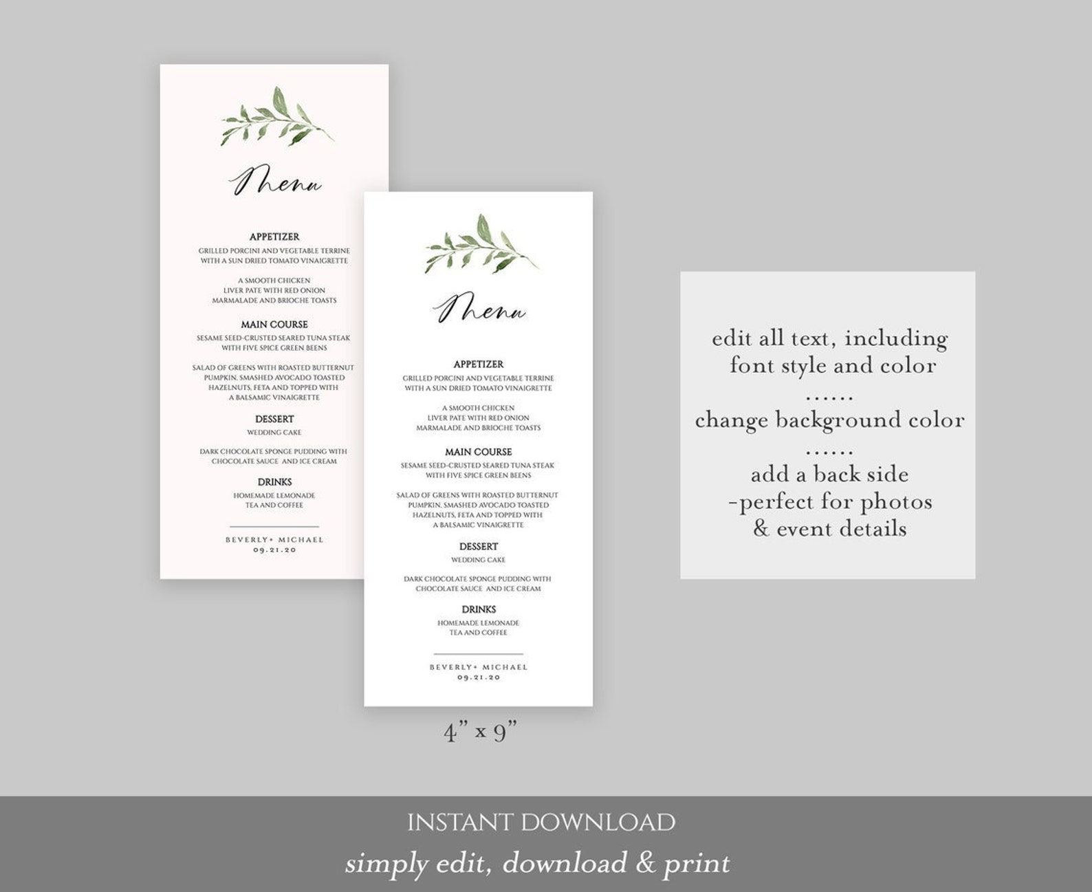 Greenery Wedding Menu Template Wedding Menu Cards Editable | Etsy