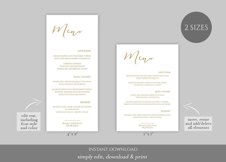 Gold Menu Template, Gold Wedding Menu, Gold Dinner Menu, Elegant Menu ...