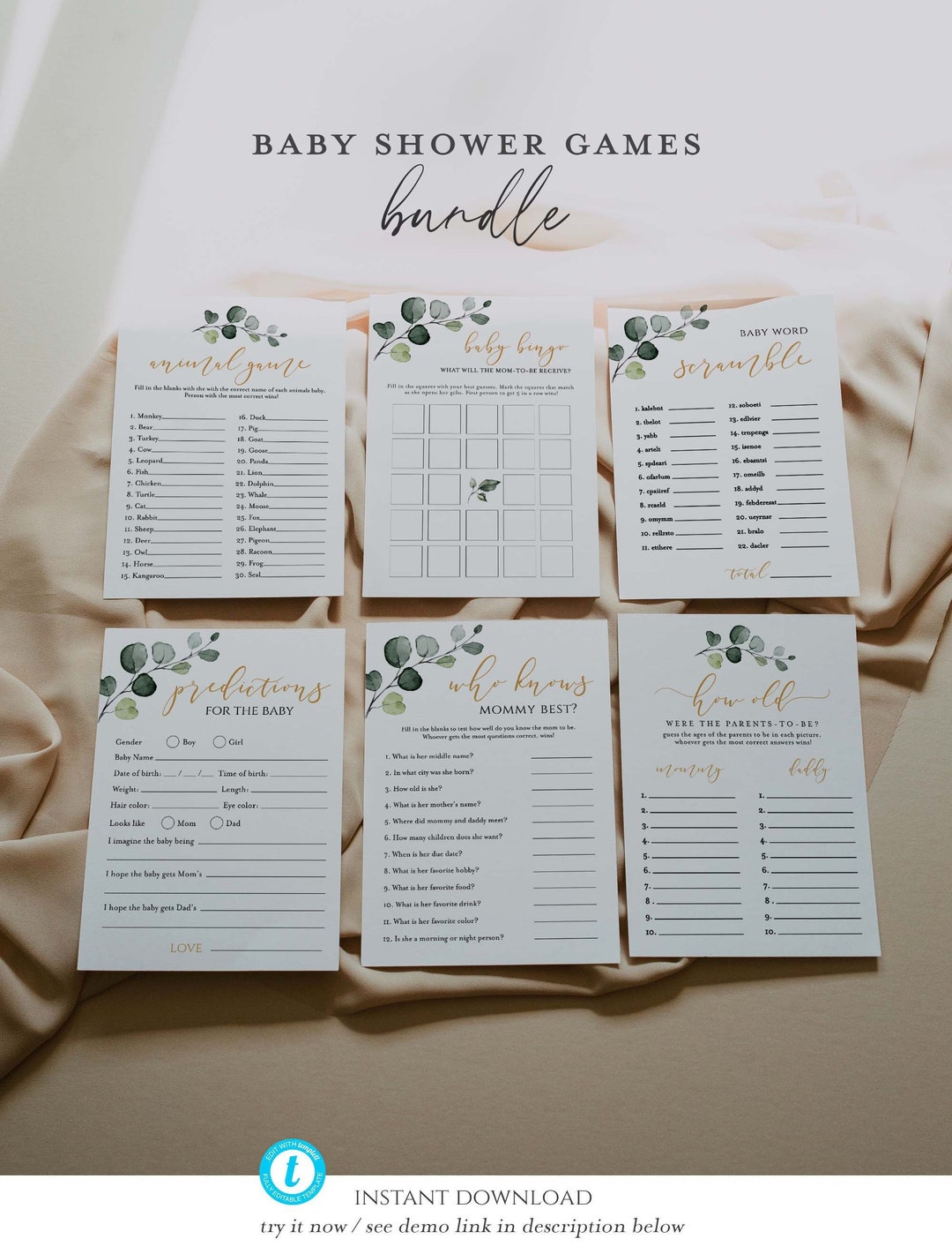 Greenery Baby Shower Game Bundle, Baby Shower Game, Editable Shower ...