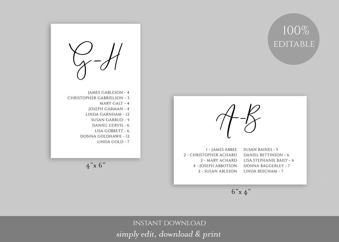 4x6 Alphabetical Seating Chart Template Calligraphy Seating | Etsy