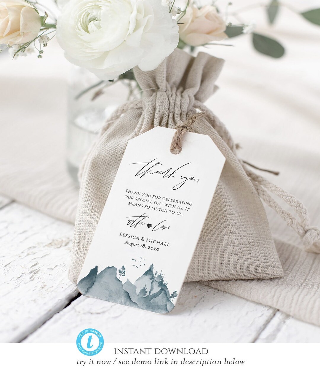 Mountain Wedding Favor Tag Template, Mountain Thank You Tag, Woodland ...
