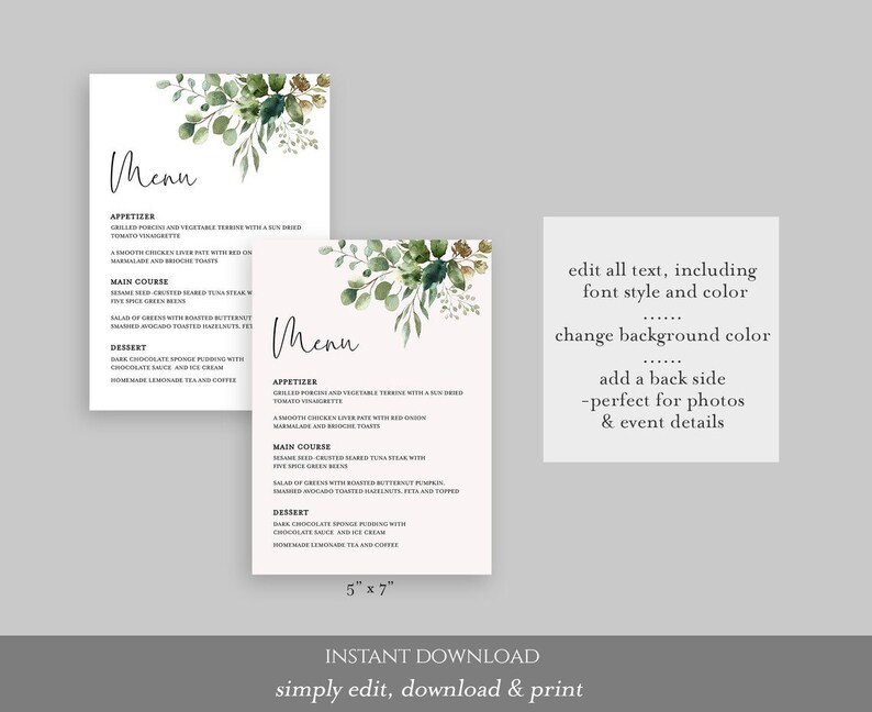 Greenery Menu Template Wedding Menu Cards Editable Menu - Etsy