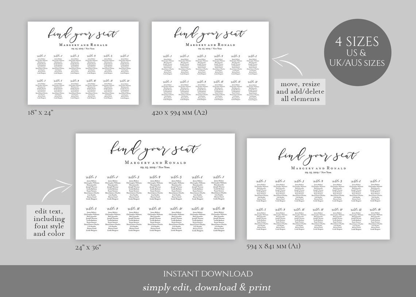 4 Sizes Wedding Seating Chart Template Calligraphy, Seating Chart ...