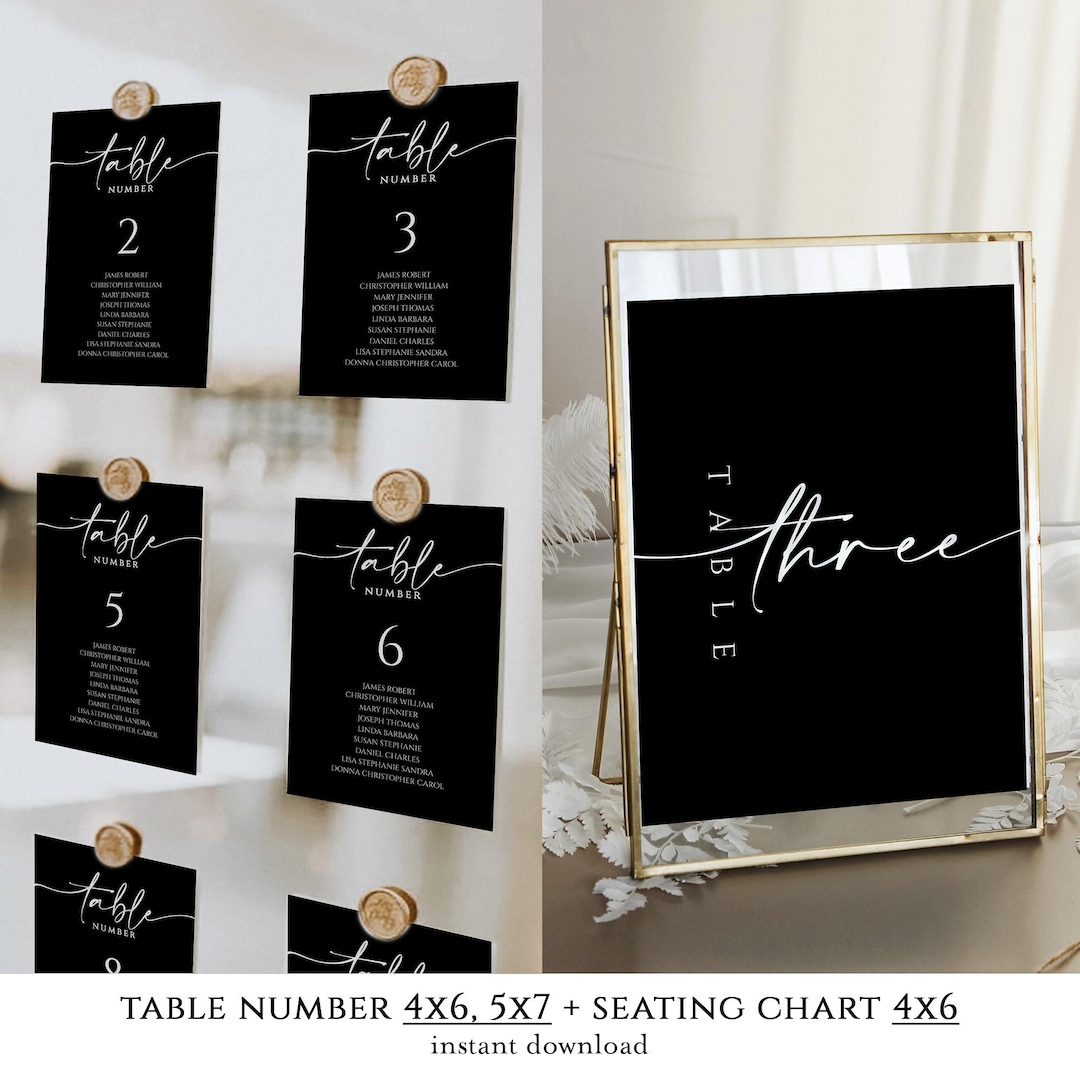 4x6 Seating Chart Black Template, 4x6 Table Number Black, Seating Chart ...