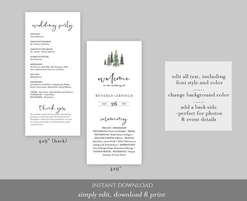 Pine Tree Program Template Forest Wedding Program Winter - Etsy