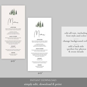 Pine Tree Menu Template, Forest Wedding Menu Cards, Editable Menu Pine ...