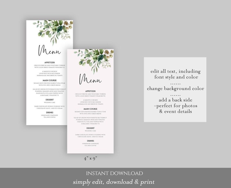 Greenery Menu Template Wedding Menu Cards Editable Menu - Etsy