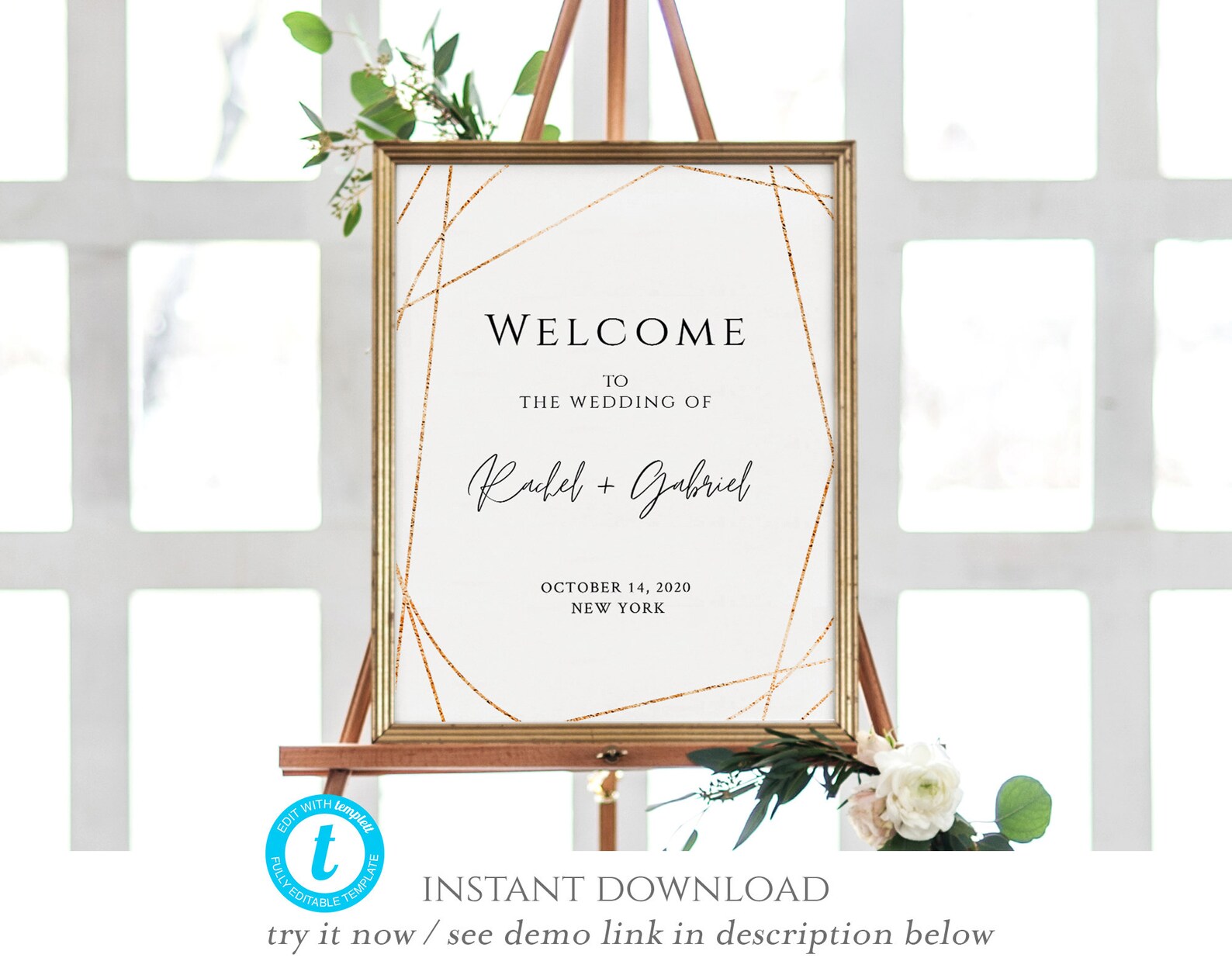 Gold Geometric Welcome Sign Printable, Welcome Sign Gold Frame, Welcome ...