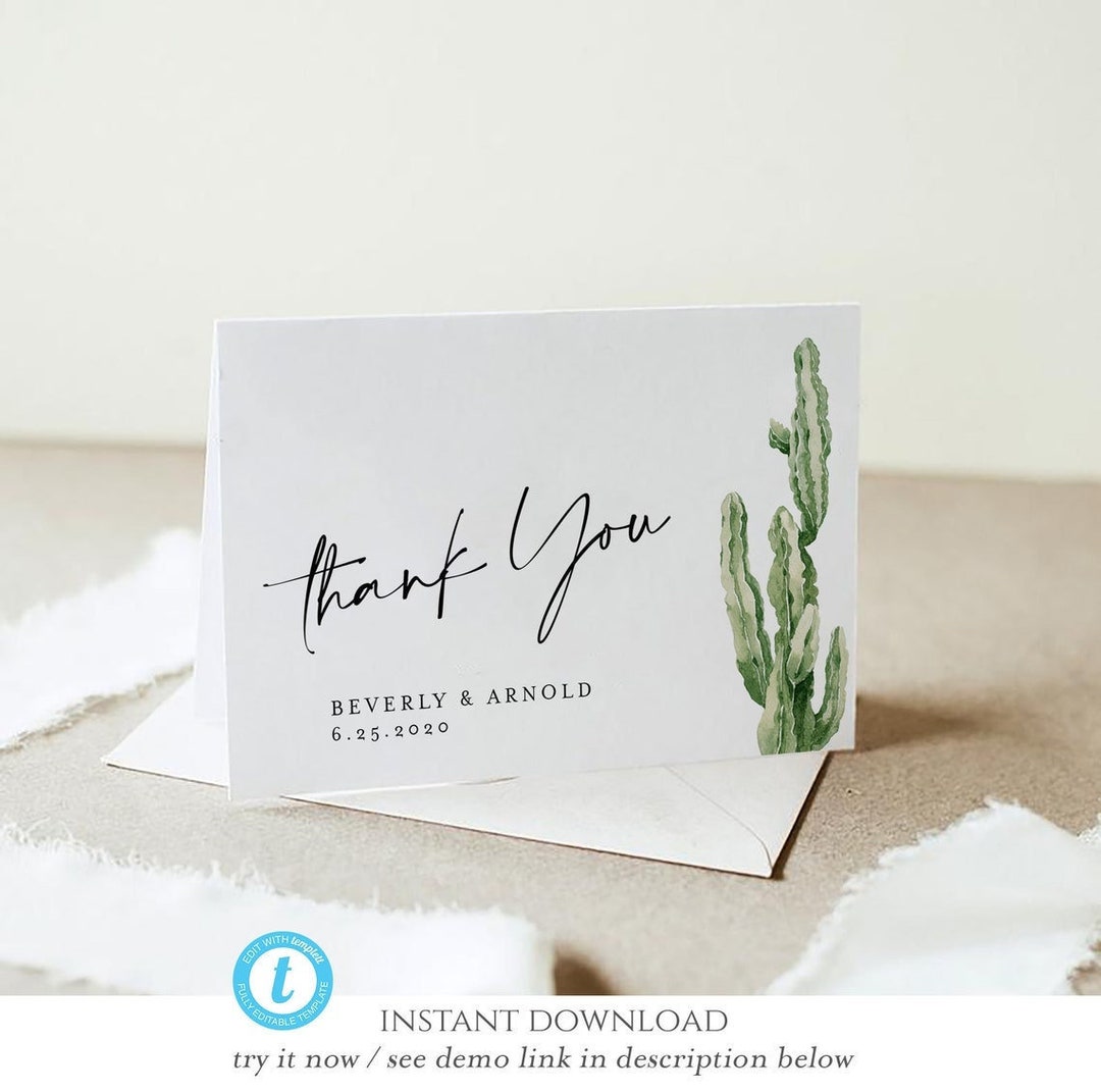 Cactus Thank You Card Template, Minimalist Wedding Thank You Card ...