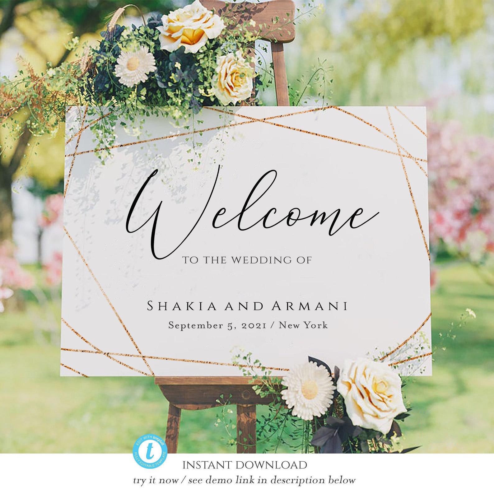 Gold Geometric Welcome Sign Printable, Welcome Sign Gold Frame, Welcome ...