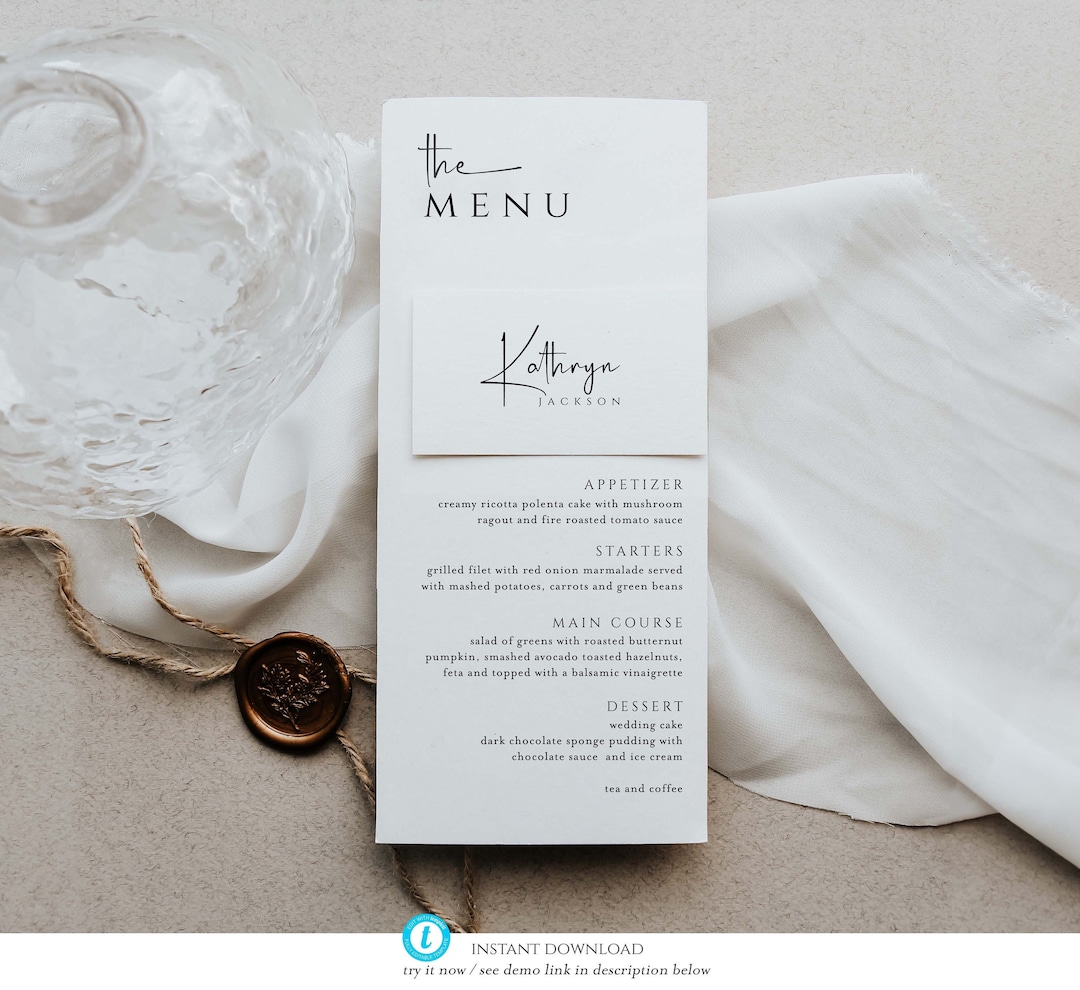 Modern Menu With Name Card Template, Minimalist Wedding Menu With Place ...
