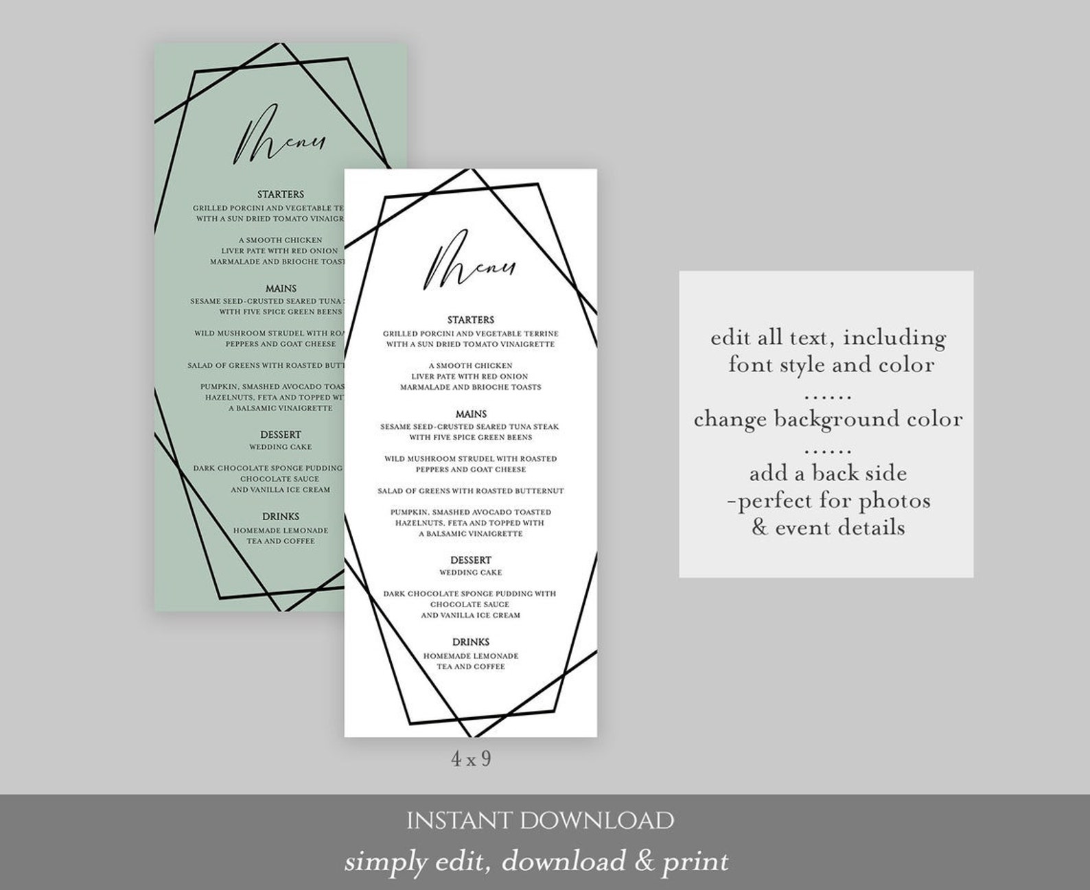 Wedding Menu Template Black Geometric Menu Cards Editable - Etsy