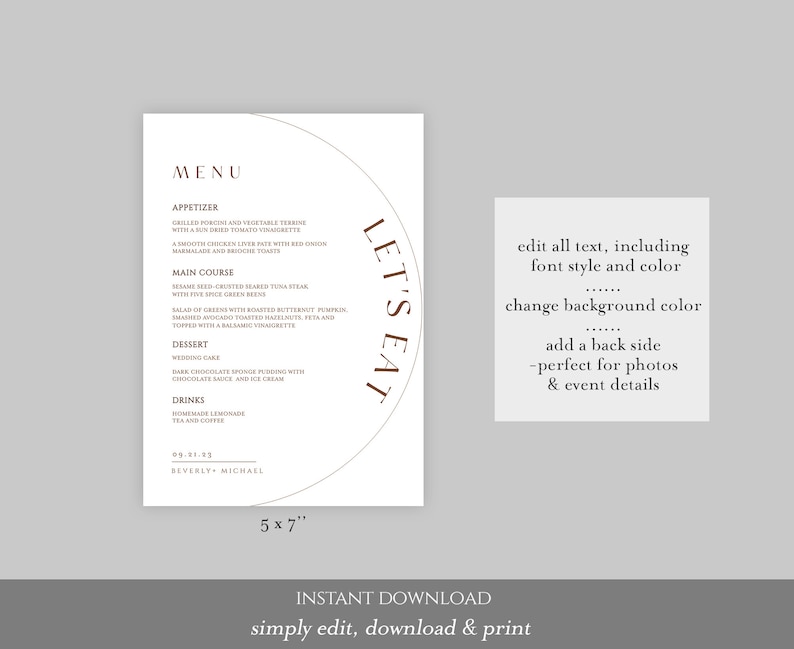 Half Arch Wedding Menu Template, Boho Menu Card, Half Moon Menu ...