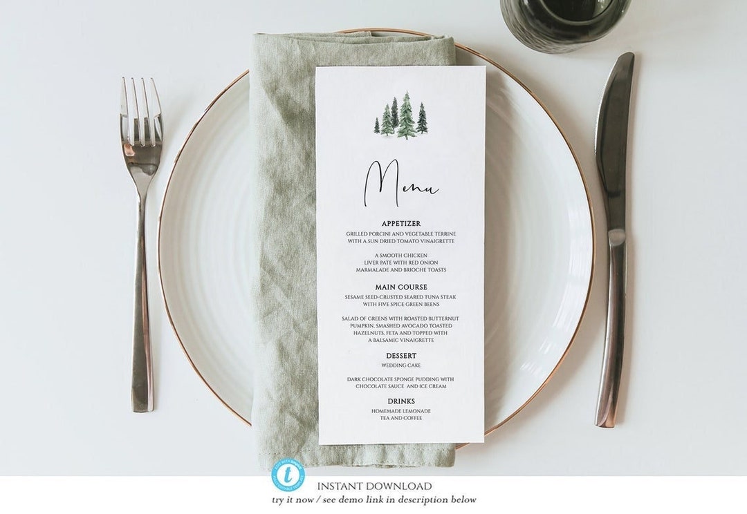 Pine Tree Menu Template, Forest Wedding Menu Cards, Editable Menu Pine ...