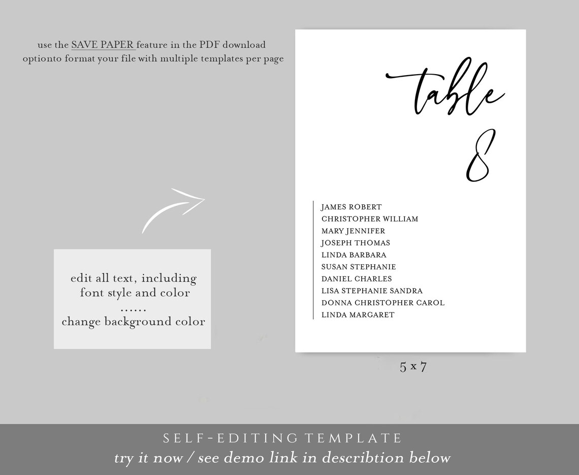 5x7 Wedding Seating Chart Template Calligraphy, Elegant Seating Plan ...