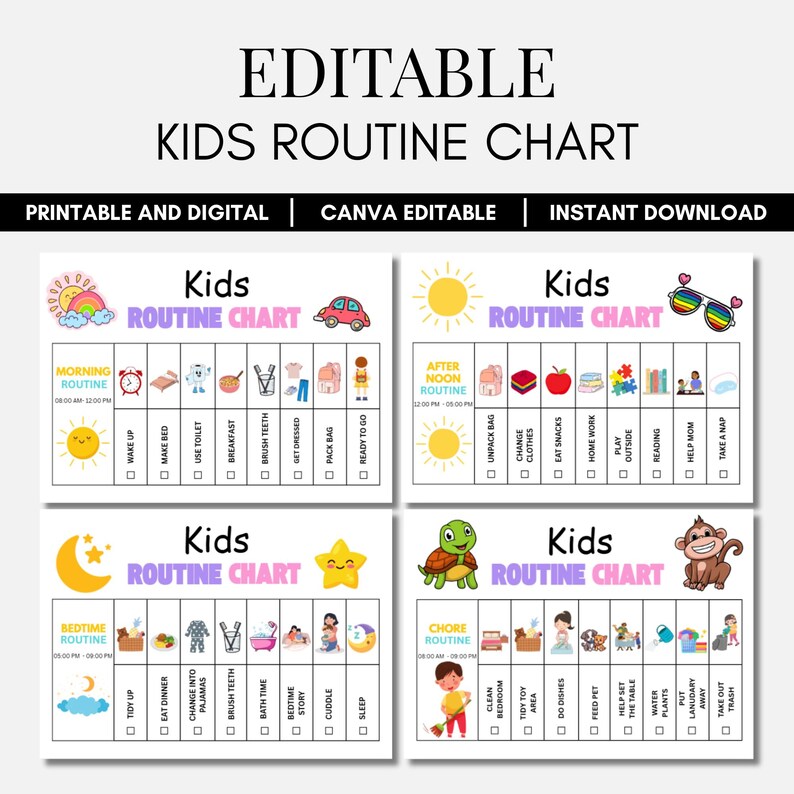 Kids Routine Chart Printable: Visual Schedule, Chore Chart Canva PDF - Etsy