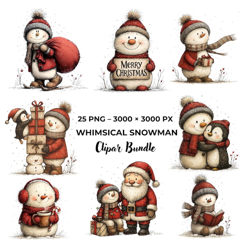 Snowman Clipart PNG Bundle | Whimsical Snowman Christmas Clipart ...