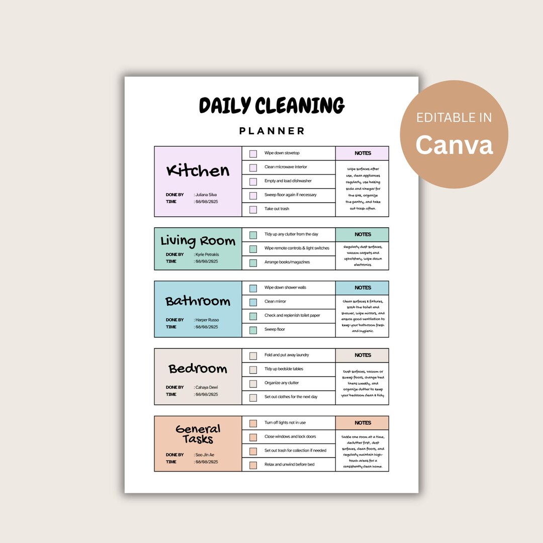 Daily Cleaning Planner Printable and Editable | ADHD Daily Checklist ...