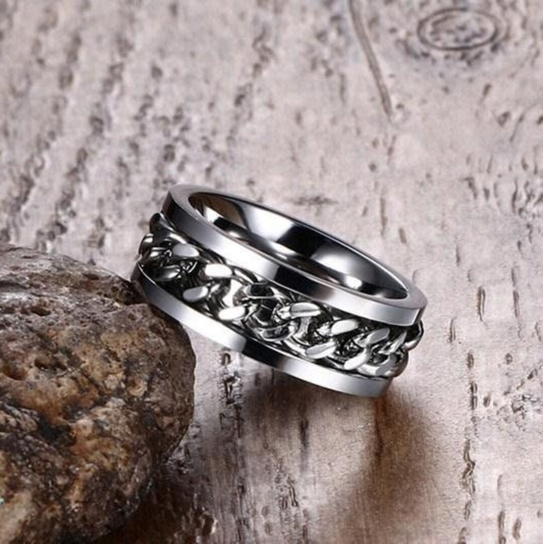 Mens Silver Chain Spinner Ring Silver Stainless Steel Ring Rotating ...