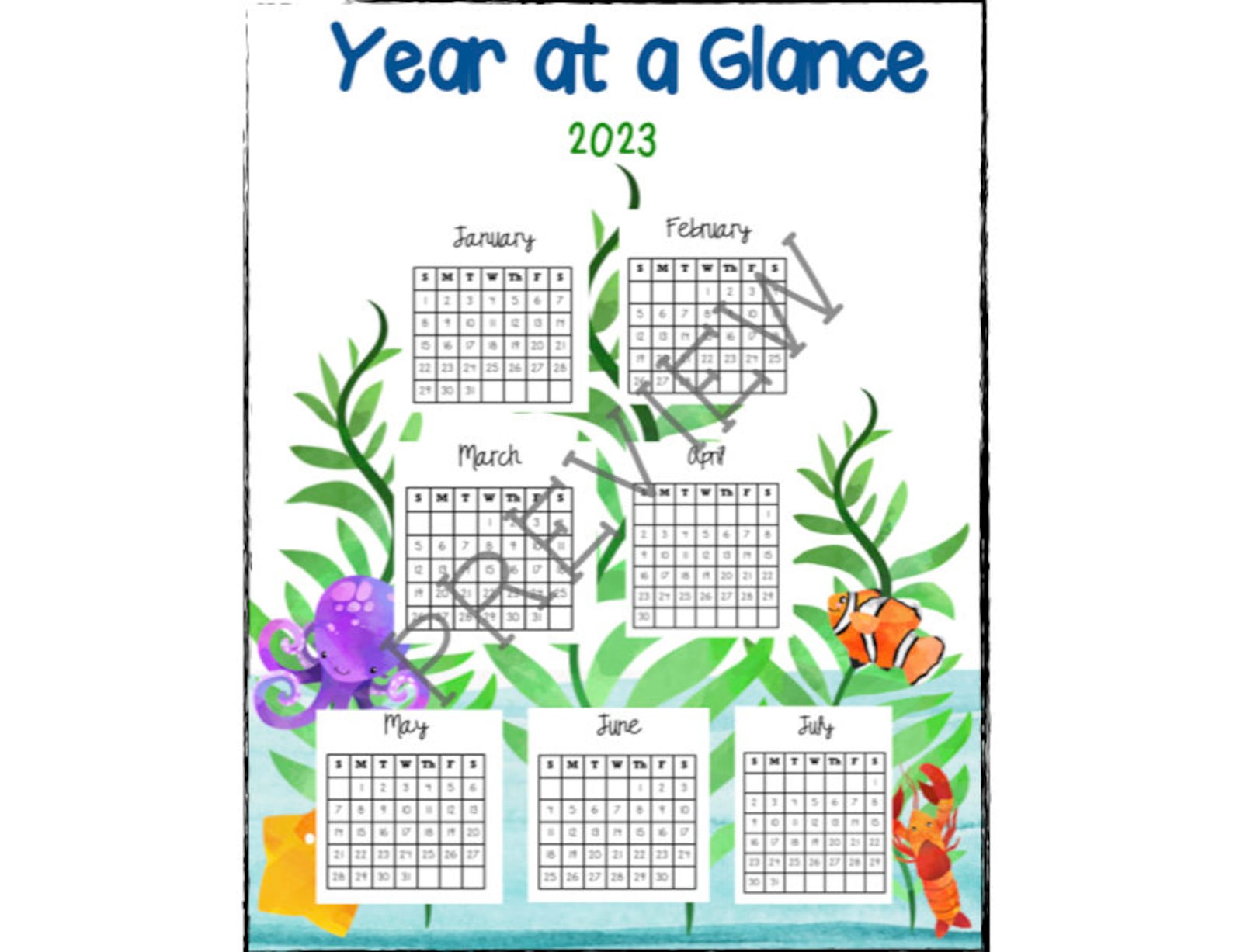 Ocean Printable Student Planning Calendar Year at a Glance - Etsy