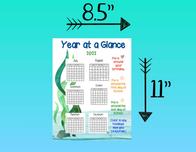 Ocean Printable Student Planning Calendar Year at a Glance - Etsy