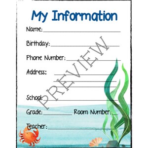 Ocean Printable Student Information Student Resources - Etsy