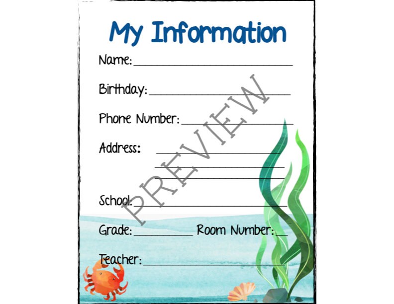 Ocean Printable Student Information Student Resources - Etsy